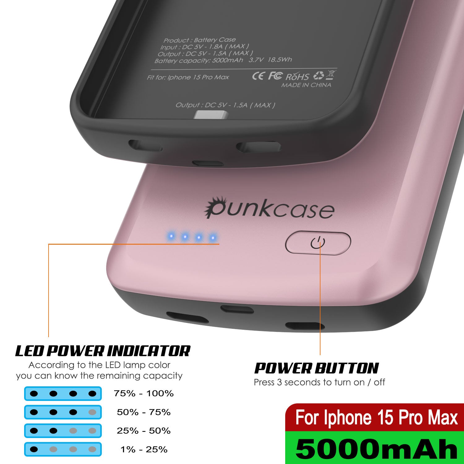 iPhone 15 Pro Max Battery Case, PunkJuice 5000mAH Fast iPhone 15 Pro Max Battery Case, PunkJuice 5000mAH Fast